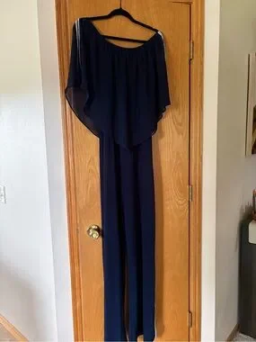 MSK | Pants & Jumpsuits | Msk Navy Offshoulder Jumpsuit With Cape ...